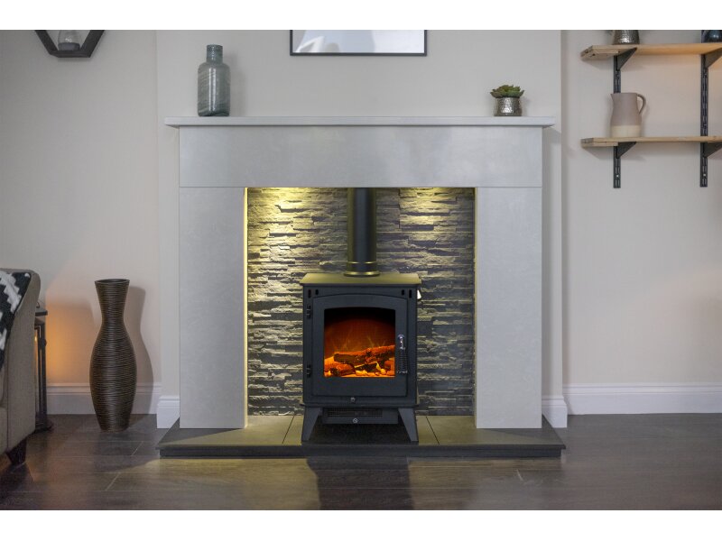 54″ Palma Marble Stove Suite in Perola with Lights & Ariel Stove ...